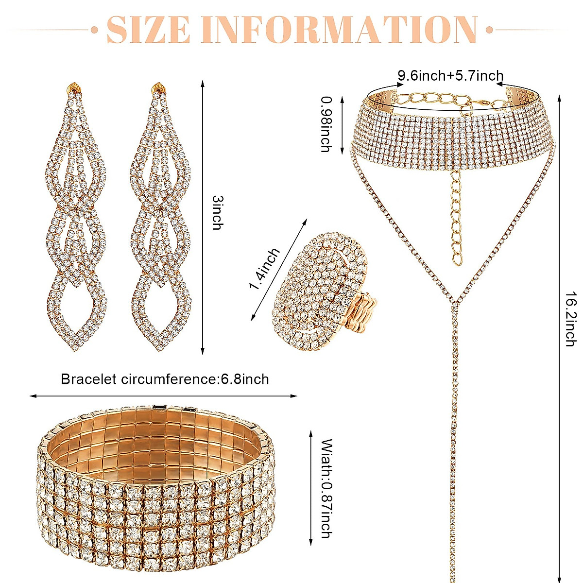 Women Rhinestone Jewelry Set Crystal Choker and Earring Set Bridal Wedding Bling Necklace Multilayer Bracelet Earring Bling Glitter Purse Ring Costume Jewelry (Gold Color)