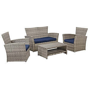 Laurel Canyon Outdoor Patio Furniture 4 Piece Wicker Conversation Sets, Rattan Loveseat and 2 Chairs with Cushions Coffee Table for Porch Deck, Grey