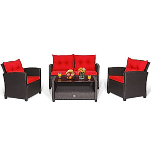 Tangkula 4-Piece Patio Furniture Set, Rattan Wicker Chair Set with 1 Loveseat, 2 Single Sofas, 1 Coffee Table with Tempered Glass Top, Outdoor Furniture Sets for Backyard, Porch, Garden and Poolside