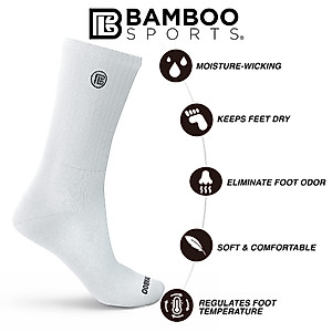 Bamboo Sports Premium Bamboo Crew Work Socks- Moisture Wicking, Odor Eliminating White Crew Socks for Men Size 9-12 - 3 Pair
