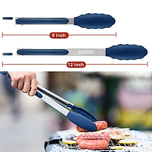 EEKEDO Kitchen Tongs, Stainless Steel Silicone Tongs for Cooking 600ºF High Heat-Resistant BBQ Grilling Locking Tongs, Set of 2-9" and 12" Classic Blue