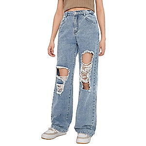 Verdusa Girl's Casual Distressed Ripped Elastic Waist Wide Leg Denim Pants Jeans Light Wash 14Y