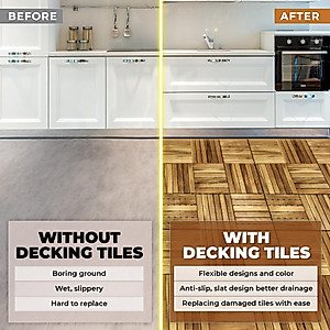 Deck Tile (Pack of 10, 12"x12") Hardwood Deck Tile, Interlocking Patio Tile in Solid Acacia Wooden Oiled Finish Waterproof All Weather Perfect for Indoor Outdoor 6 Slat (Acacia Wood- 10 Pcs, 6 Slat)