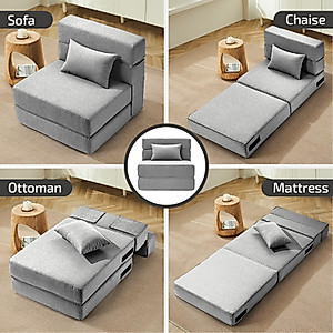 SUYOLS Folding Sofa Bed with Pillow- Convertible Chair Floor Couch & Sleeping Mattress - Foldable Memory Foam Sleeper for Living Room/Dorm/Guest Room/Home Office/Apartment/Upstairs Loft, Light Grey