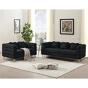 81-inch Couches + 60-inch Loveseat Sofa for Living Room, Set of 2 Modern Teddy Fabric Upholstered Sofa Couch with Square Arm and 4 Golden Metal Legs for Living Room, Office, Apartment, Black