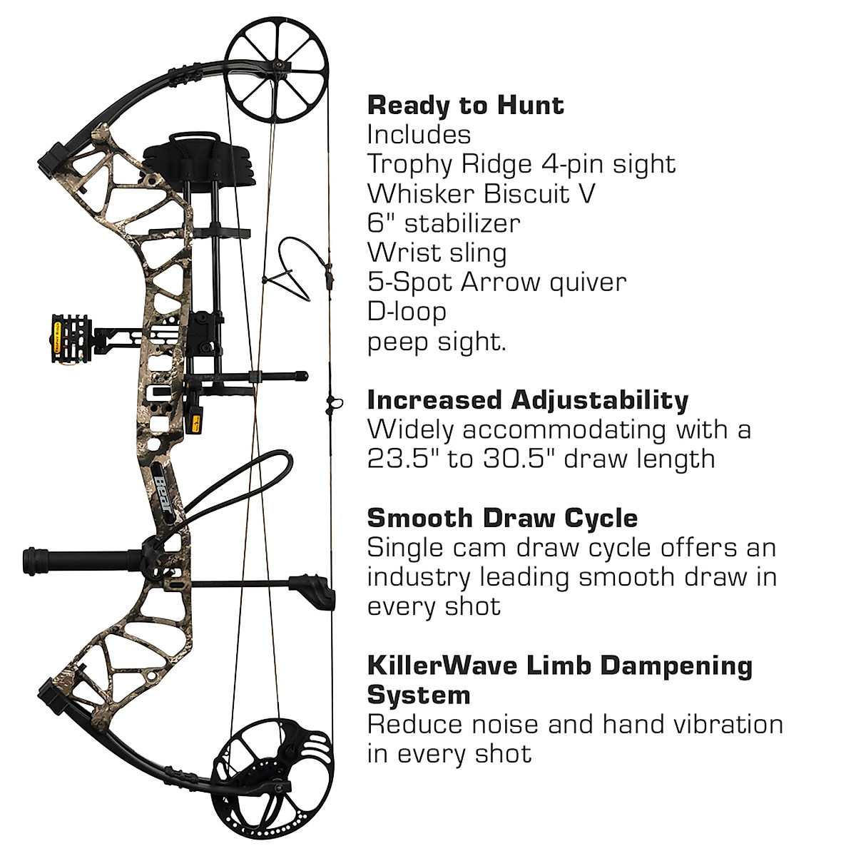 Bear Archery Species EV Ready to Hunt Adult Compound Bow Package, 70 lb. Draw Weight, Right Hand, True Timber Strata