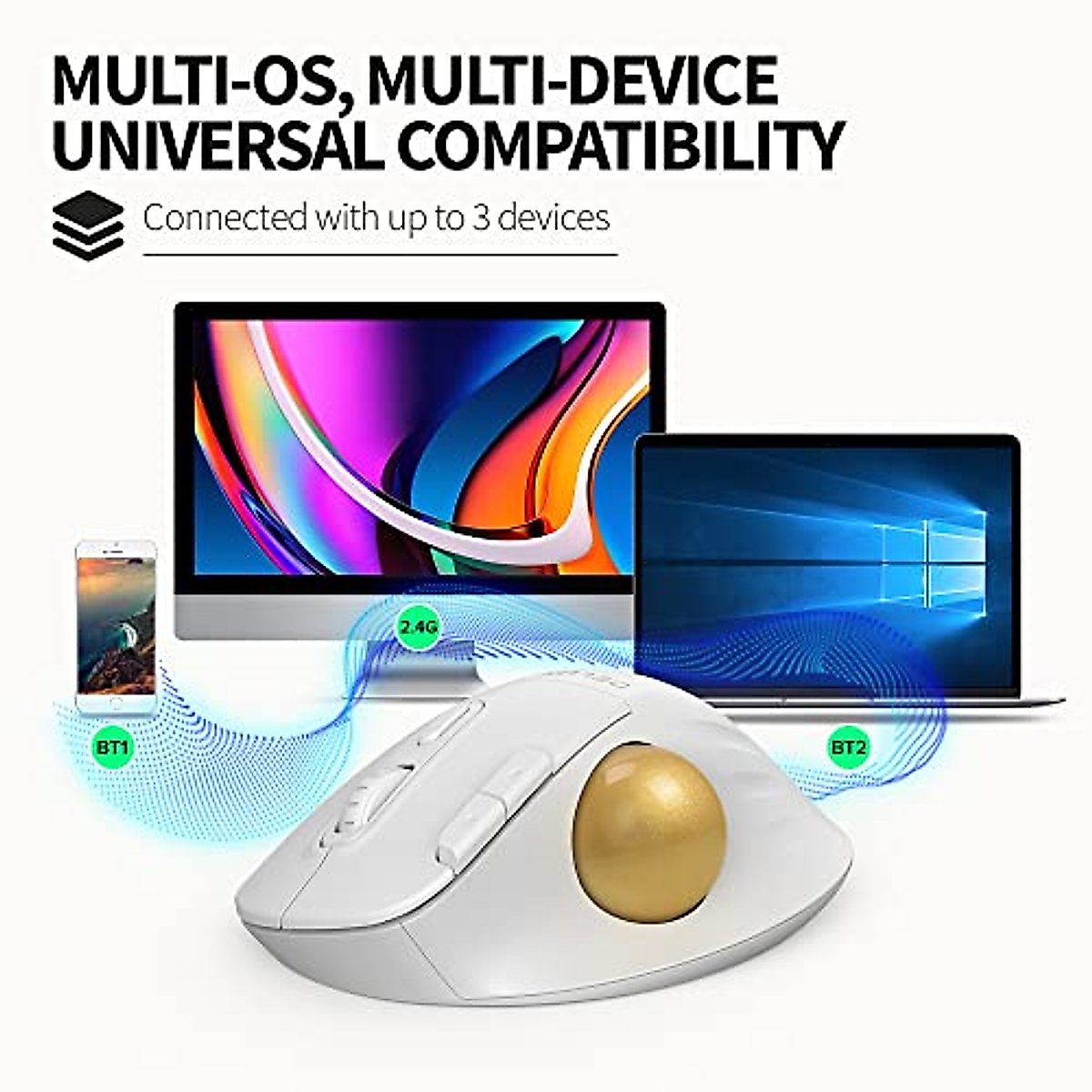 DeLUX Bluetooth Trackball Mouse, Wireless Ergonomic Rollerball Mouse with 2400DPI, Smooth Easy Thumb Control, 3 Devices Connection, Compatible for Windows, PC, Mac (MT1-White)