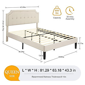 VECELO Queen Upholstered Platform Bed Frame with Adjustable Button Stitched Panel Headboard,Strong Wood Slat Support,Velcro Design,Mattress Foundation/Easy Assembly,Beige