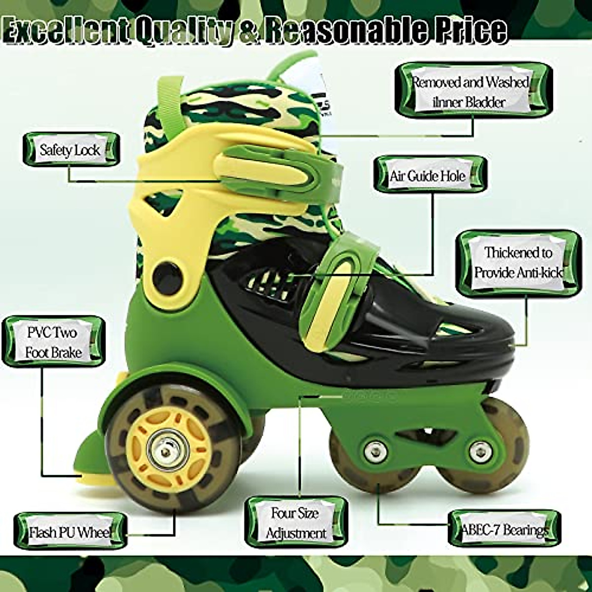 Adjustable Roller Skates for Kids Girls Ladies with Light Up Flash LED Wheels(Age 3-9),Fun Illuminating,Three-Point Type Balance,Gift Box Packing for Toddlers,Children,Youth (Camouflage, 3 Years)