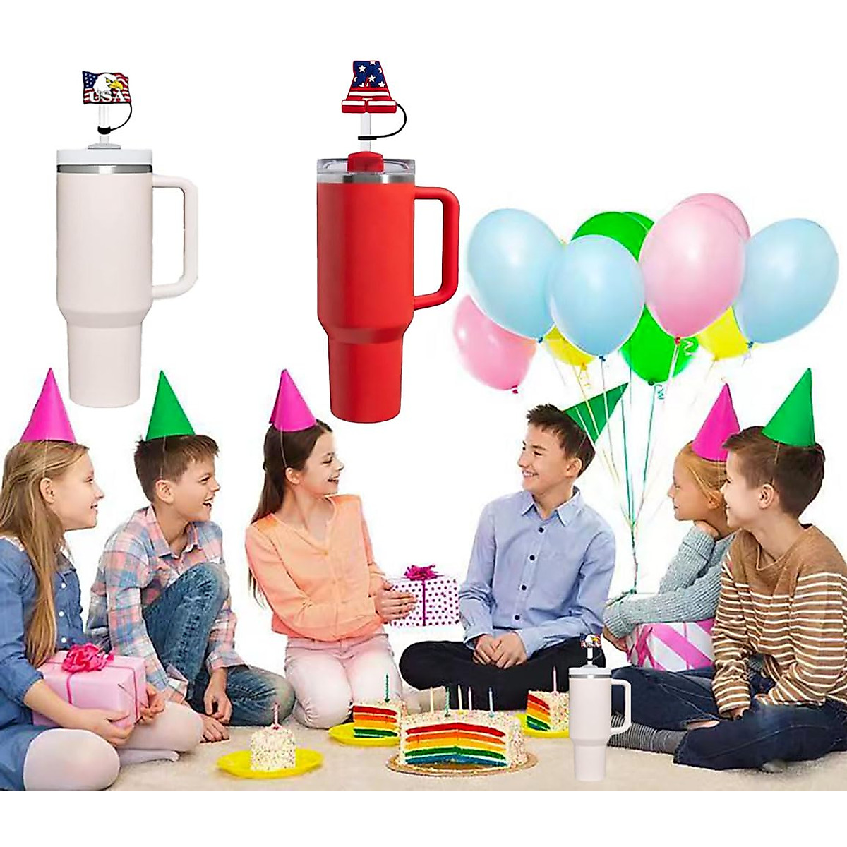 9Pcs Flag Day Straw Caps Cover Cap Topper Dust-Proof for Stanley Cup 10mm/ 0.4in, for Drinking Straw Cap Stanley Cup Accessories, Cute Silicone Tips Lids Dust-Proof for Water Bottle