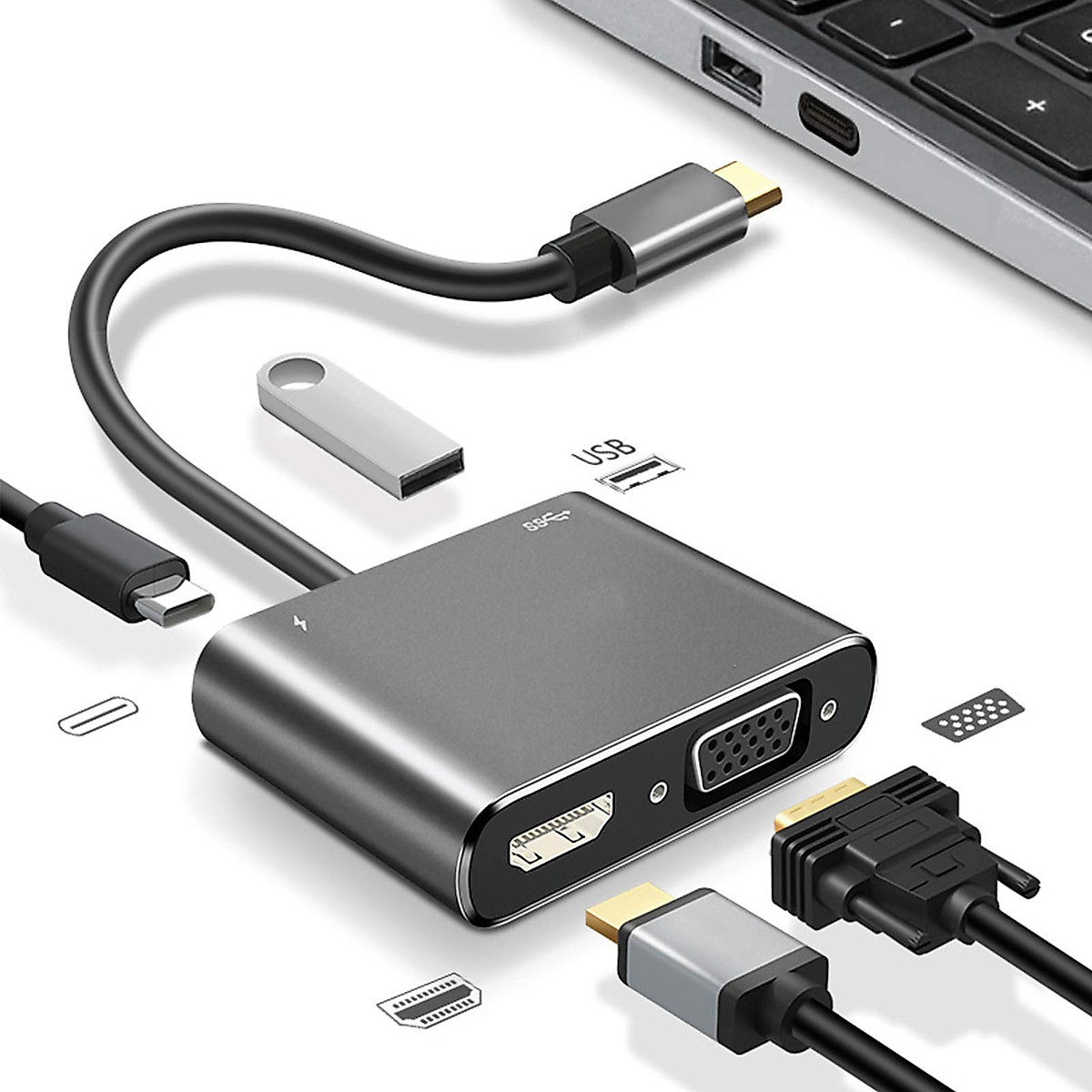 Shipenophy Type-C Hub Stable Operation 4-in-1 USB 3.0/3.1 Specifications Silver Durable Type‑C Adapter for PC Laptop Computer