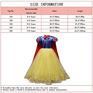 HIHCBF Girls Princess Snow White Costume Birthday Christmas Halloween Carnival Fancy Dress Up w/Cloak Accessories 4-5T