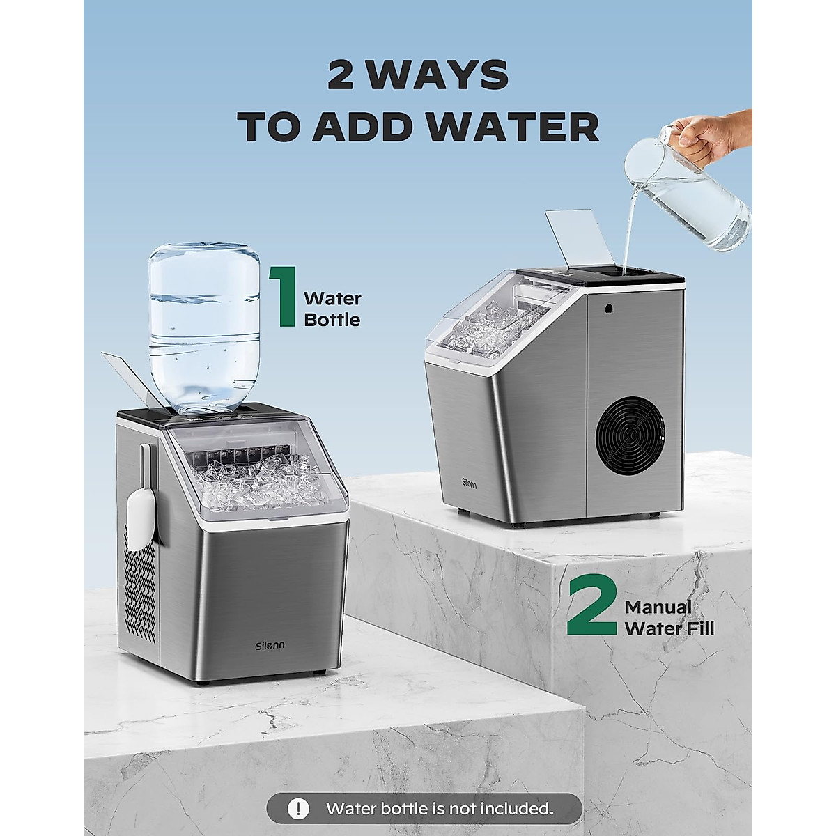 Silonn Ice Makers Countertop, 44lbs Per Day, 2 Ways to Add Water, Auto Self-Cleaning, Stainless Steel Ice Machine for Home Office Bar Party