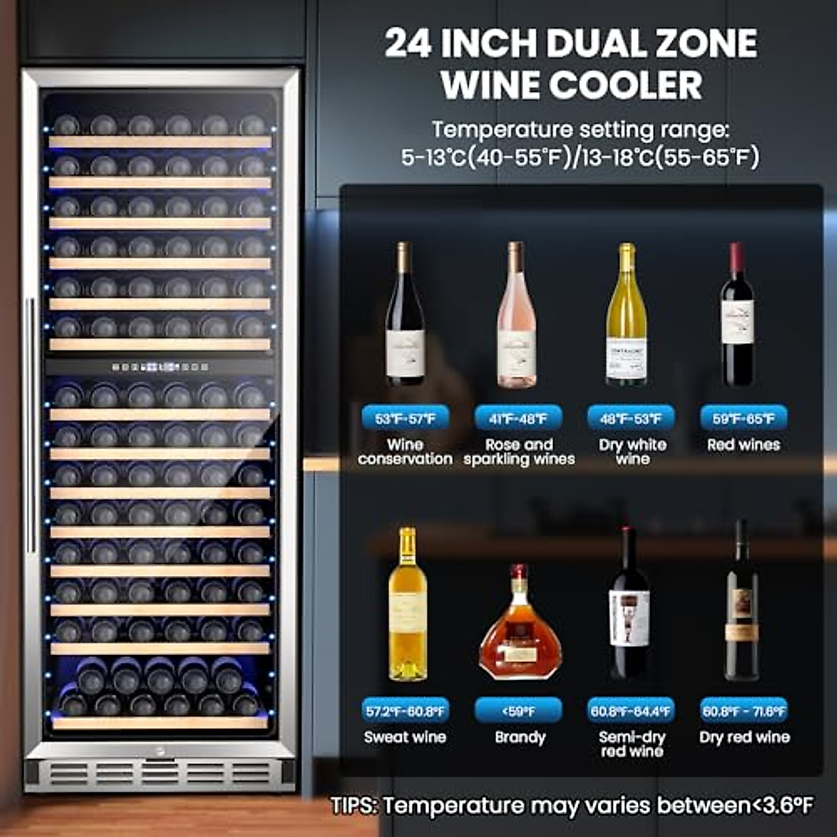 Ecojoy Wine Fridge Dual Zone, 154 Bottles 24inch Wine Fridge Freestanding, Wine Fridge Cabinet for Bar Home Wine Enthusiast, Intelligent Temperature Memory, Quiet