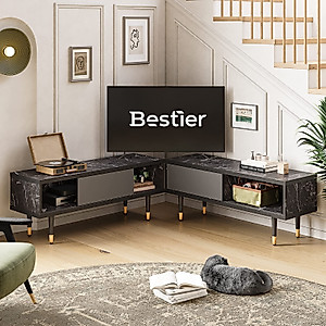 Bestier Mid Century Modern TV Stand for 85 inch tv, Entertainment Center with Storage and Sliding Doors, 2 in 1 Long TV Cabinet for Living Room, Black Marble
