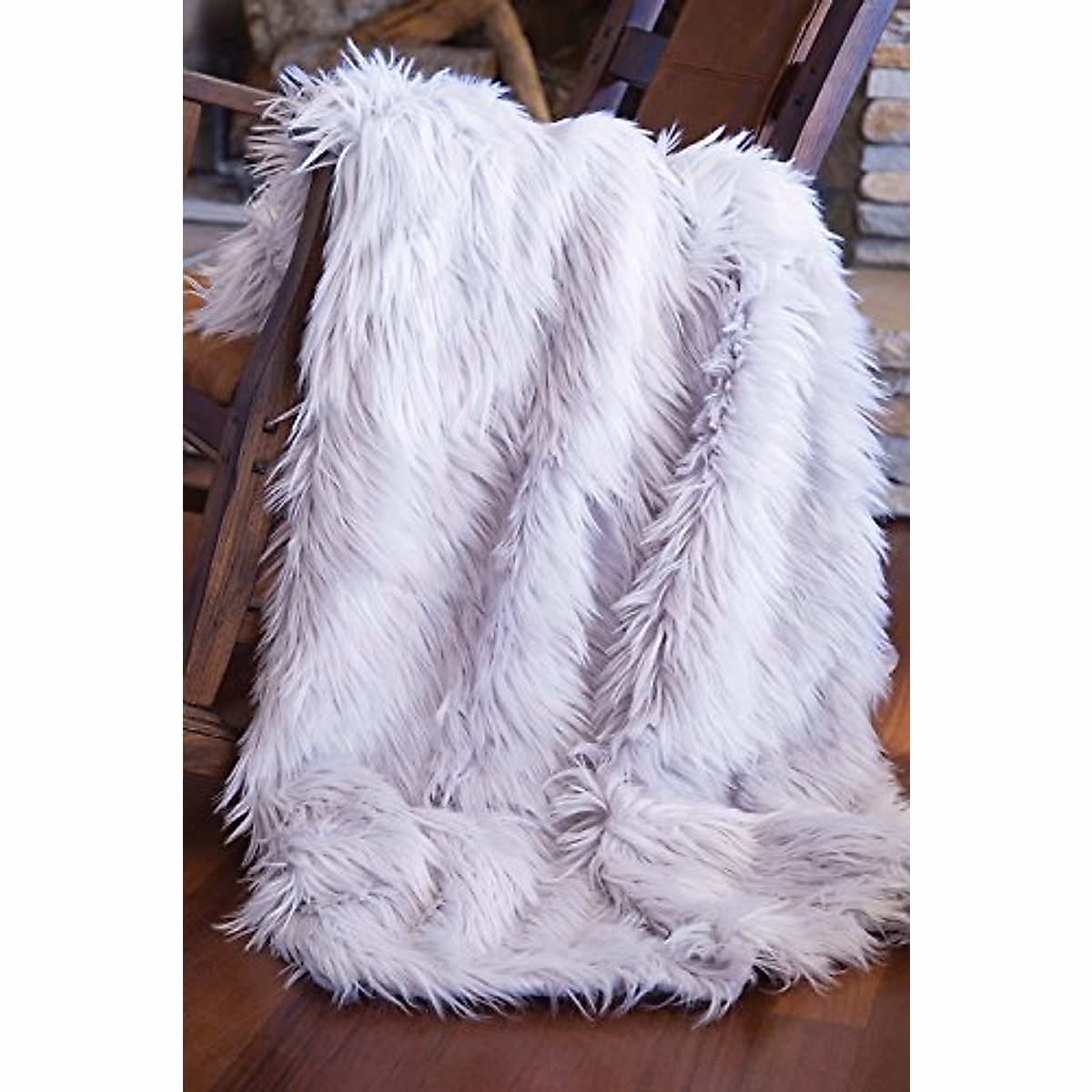 North End Decor Faux Fur Throw Blanket, Mongolian Long Hair Silver,