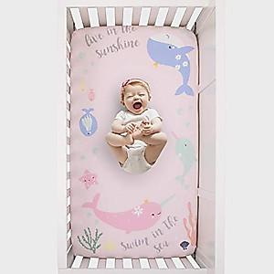 NoJo Under The Sea Whimsy Pink & Blue Whales & Narwhals 100% Cotton Photo Op Fitted Crib Sheet, Pink, Light Blue, Light Green, Light Yellow