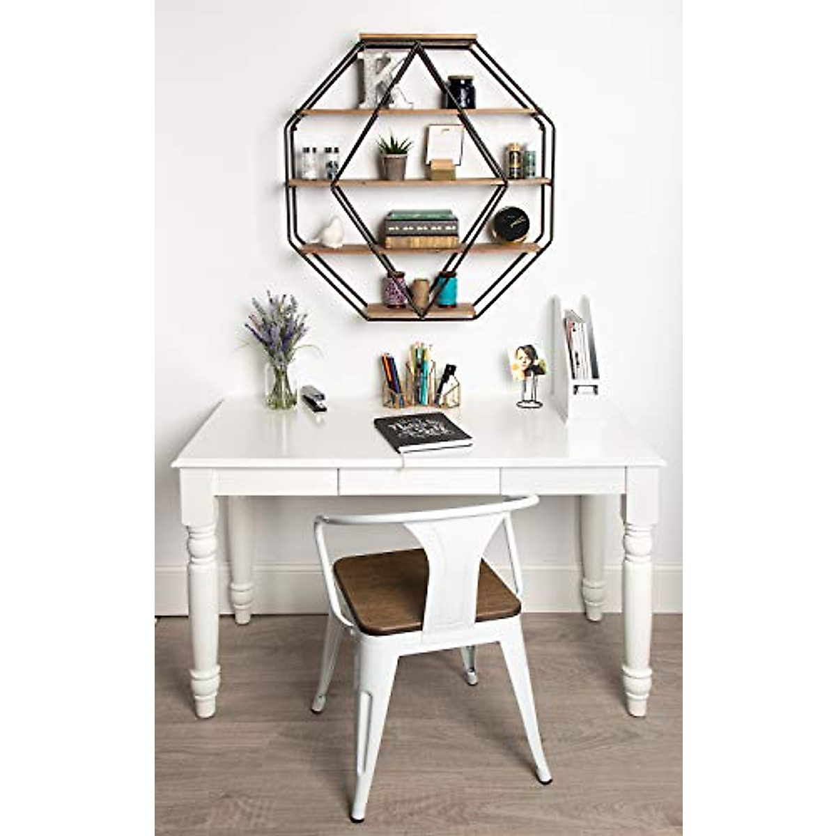 Kate and Laurel Lintz Large Octagon Shaped Floating Wood Book Shelves for Decorative Wall Display, Black Metal Frame with Rustic Brown Shelves