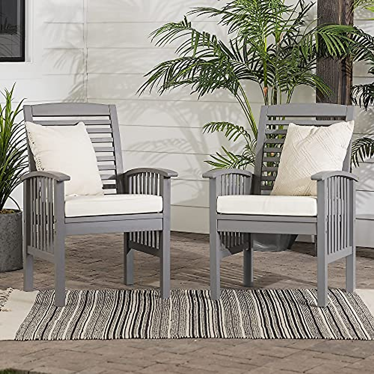 Walker Edison Rendezvous Modern 2 Piece Solid Acacia Wood Slat Back Outdoor Dining Chairs, Set of 2, Grey Wash