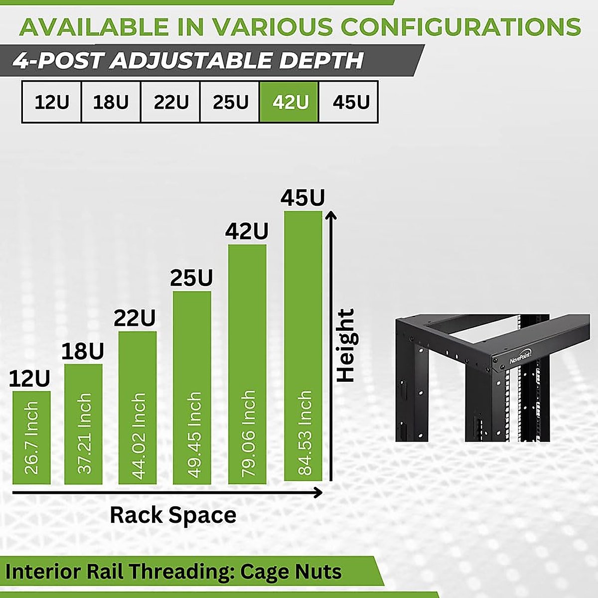 NavePoint 42U 4 Post Server Rack – Open Frame Rack for 19 Inch Equipment, Adjustable Depth 4-Post Network Rack Floor Mount, 42U Server Rack 793lbs Capacity, Black