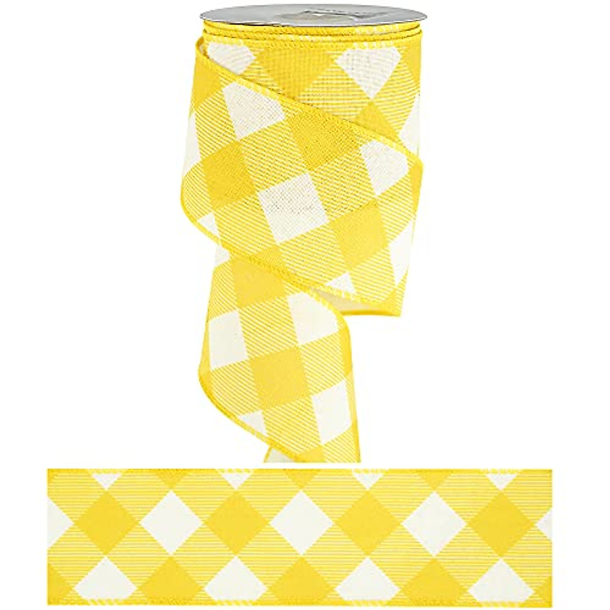 MEEDEE Yellow White Checkered Ribbon Christmas Wired Ribbon Yellow Burlap Ribbon 2.5 inch x 10 Yards for Christmas Tree Decoration Crafts Bows Making Wreath Wrapping Home Decor