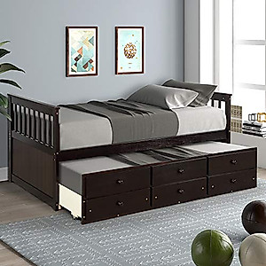 UBGO 3-in-1 Twin Sofa Bed, Wooden Furniture Set with Rollers and 3 Storage Drawers, Captain Sofa Bed Frame for Boys Girls Small Space Bedrooms, Espresso