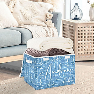 Steel Blue Custom Storage Bins with Lid Foldable Personalized Storage Basket Box with Handle Shelf Basket Closet Organizer for Book Office Home