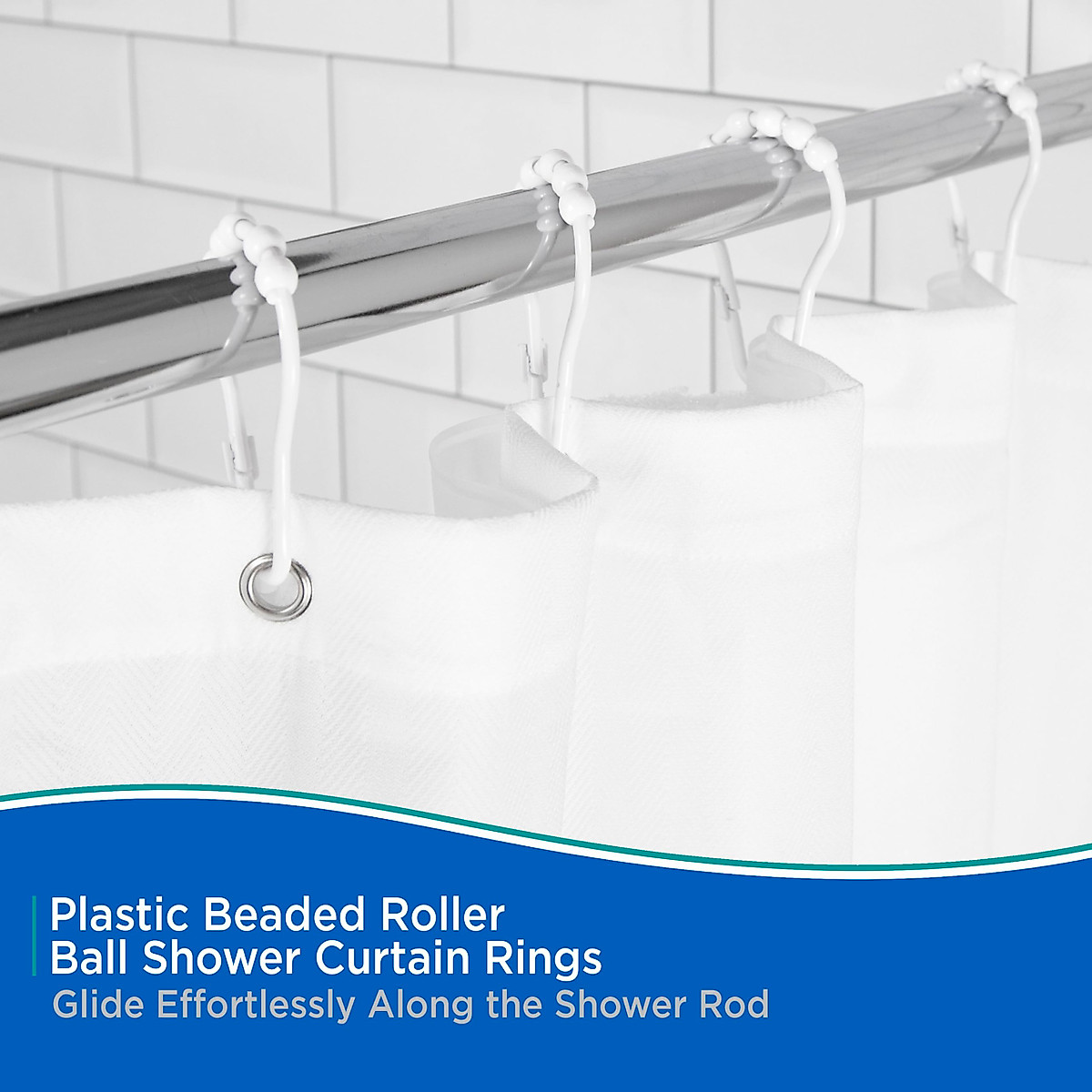Kenney KN67140 Rust-Proof Gliding Plastic Beaded Shower Curtain Rings for Shower Curtain and Standard Shower Curtain Rod, Bathroom Use, Easy to Install, Set of 12, White