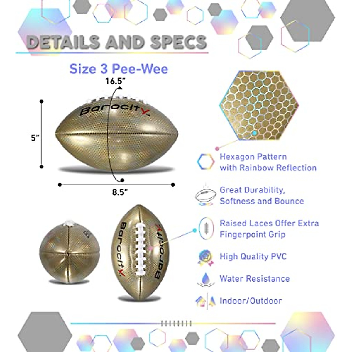 Barocity Football Premium Boy and Girl Official Match Ball with Reflective Iridescent Rainbow Hex Pattern, Durable Indoor, Outdoor, Training Practice Game Playtime – Size 3 Gold