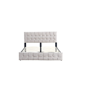 OPTOUGH Queen Size Upholstered Platform Bed Frame with Lights and Height Adjustable Headboard, Square Stitched Button Tech Cloth, No Box Spring Needed,Noise-Free,Beige