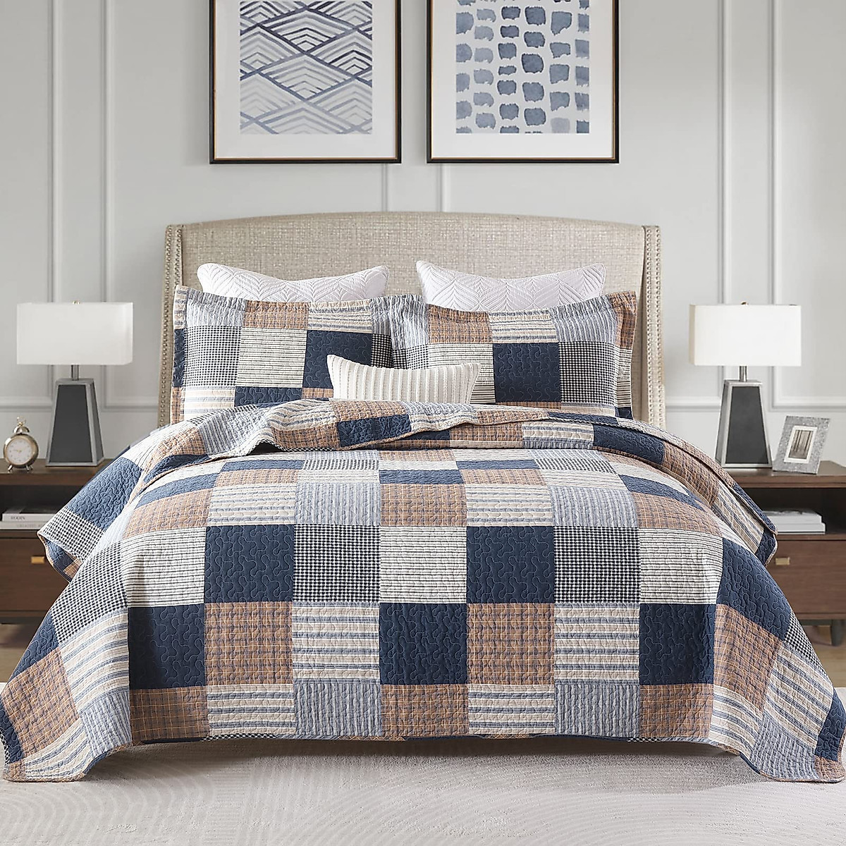 PANGUSHAN 100% Cotton Quilt Set Queen Size, Patchwork Plaid Queen Quilt Bedding Set Bedspreads, Farmhouse Lightweight Comforter Reversible Quilt, Navy/Brown/White Bed Spread for Queen Bed, 3 Pieces