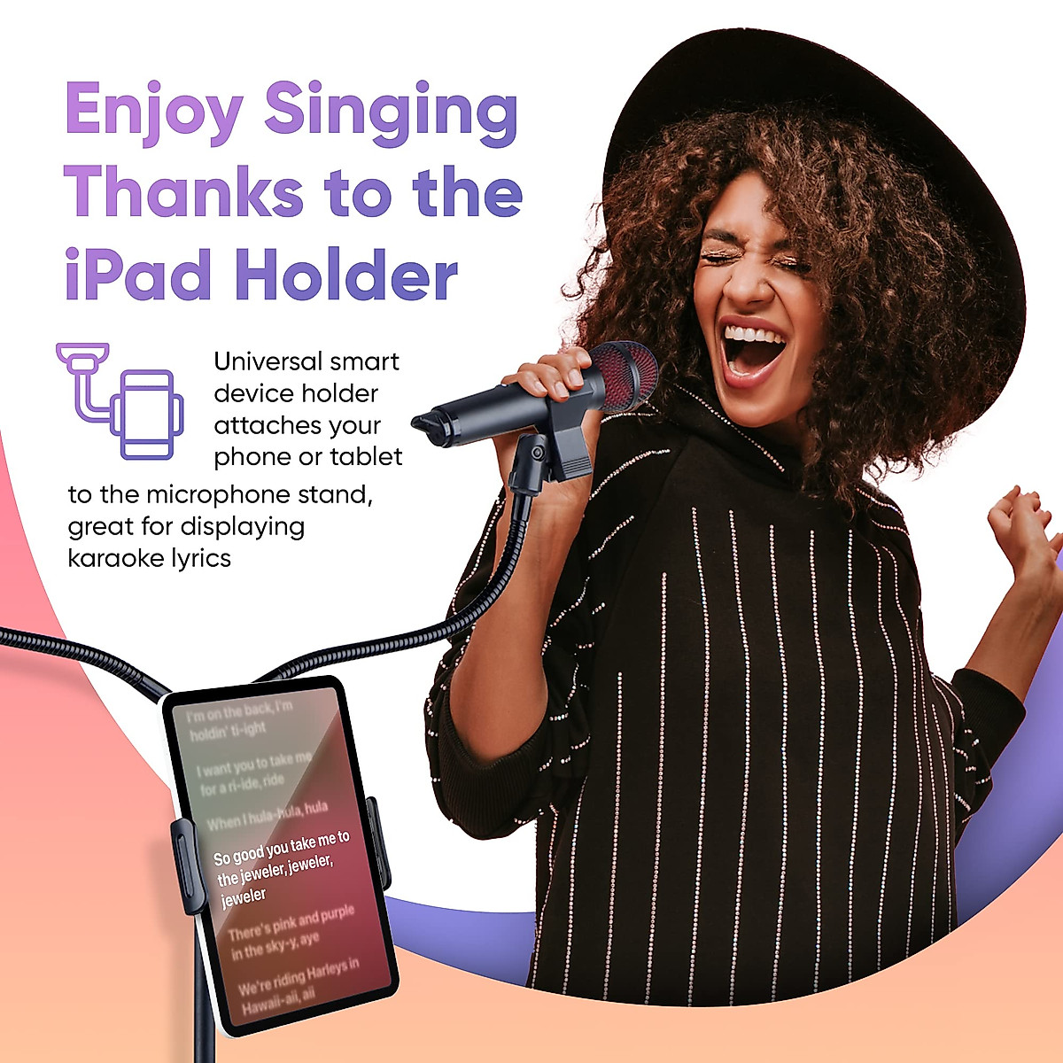 MASINGO Double Microphone Stand – Adjustable from 2.4ft to 6ft Inches High – with Two Bendable Arms and Smart Device Holder – Stand Up Tripod Base (Black) 2022 Model