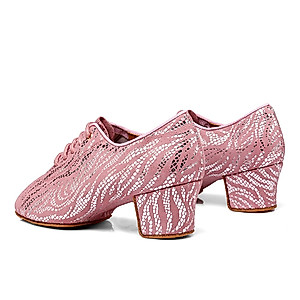 VCIXXVCE Women Latin Dance Shoes Ballroom Pink Lace-up Practice Suede Sole Social Dance Modern Salsa 1.4inch Dancing Shoes,7 US