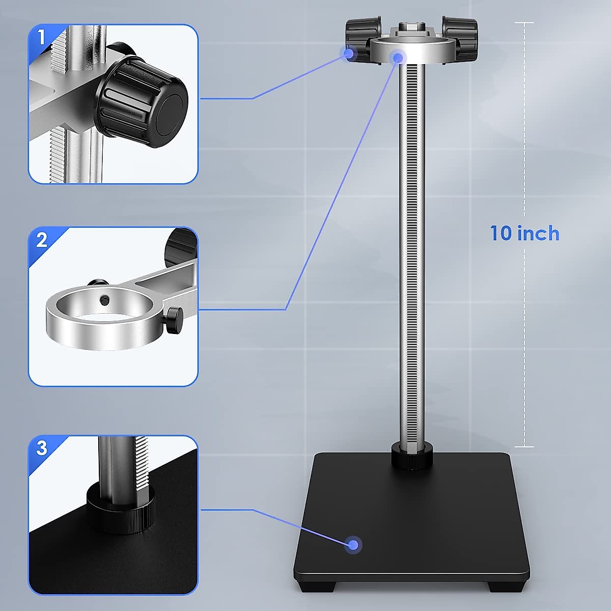 TOMLOV USB Microscope Stand BS01,10 inch Adjustable Microscope Stand Base, Professional Holder Desktop Support Bracket for LCD Digital Microscope, Max 1.38" in Diameter