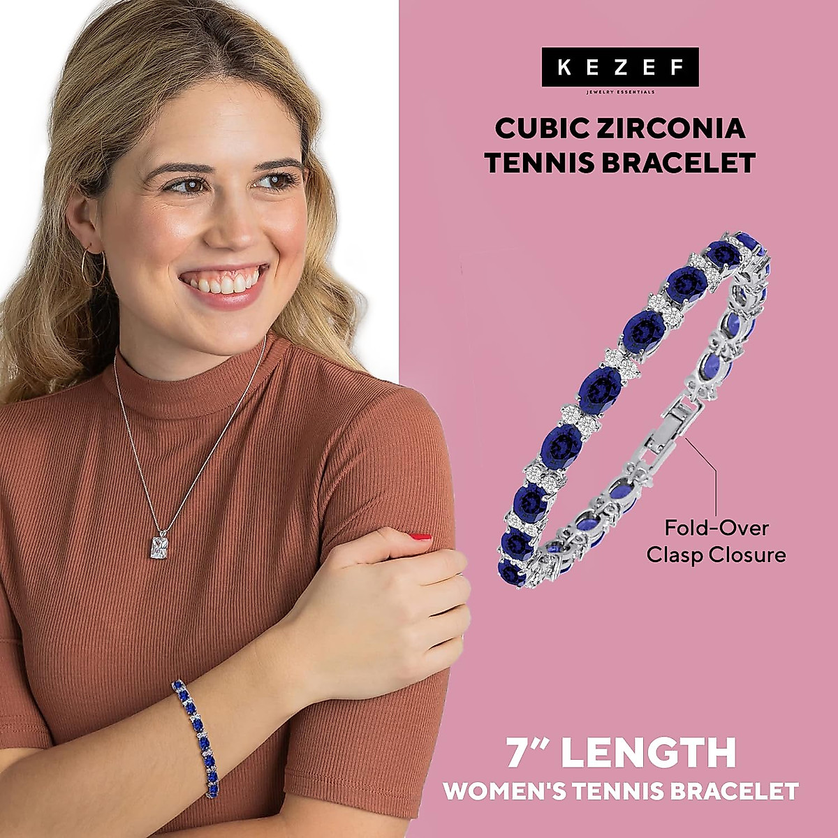KEZEF Tennis Bracelets For Women - Cubic Zirconia - Oval 7x5mm Blue Sapphire Gemstones - Round 2.50mm White CZ - Silver Plated Brass - 7 Inch - Hypoallergenic Bracelets