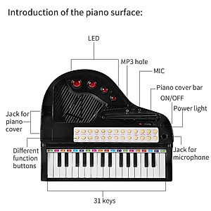 Kids Piano Keyboard Toys 31 Keys,Grand Piano for Beginners,3 4 5 6 Years Old Toddler Girl Boy Gift,Educational Musical Instrument,w/Microphone,Stool,Piano Lid,Lights,Note Stickers,Enamel Finish- Black