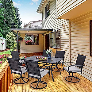 PHI VILLA Outdoor Patio Dining Set of 7, Rectangular Metal Steel Steel Slat Patio Dining Umbrella Hole Table, 6 Rattan Swivel Chairs with Cushion Furniture Set for Home Patio Porch Yard Garden Deck