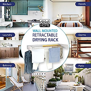 Wall mounted retractable clothing drying rack. Foldaway clothes rack. Collapsible folding hung indoor & outdoor. Space saver compact wall mount design. Foldable Hanging Racks for Laundry room (white)