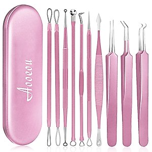 Blackhead Remover Tool, Aooeou 10Pcs Professional Pimple Popper Tool Kit - Easy Removal for Whitehead Popping, Zit Removing for Risk Free Nose Face, Anti-Slip Coating Handle(Pink)