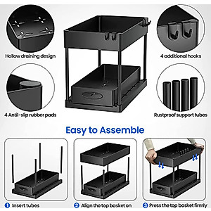 Under Sink Organizers and Storage, 2 Tier Under Cabinet Organizer with Hooks, Slide Out Bathroom Organizer for Bathroom and Kitchen, Black