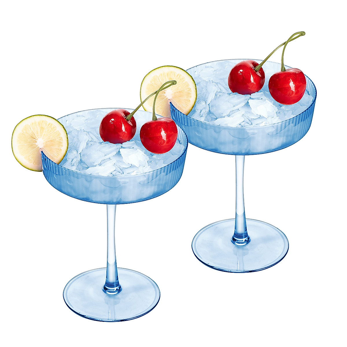 Rose Pink Ribbed Coupe Cocktail, Champagne & Martini Glasses 8 oz | Set of 2 | Retro Style Classic Manhattan Glasses For Cocktails, Ripple Coupe Glasses, Art Deco Gatsby Vintage, Crystal with Stems