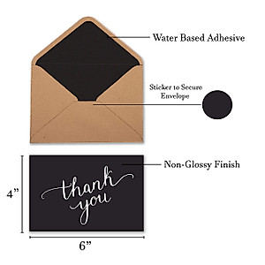 100 Black Thank You Cards with Brown Kraft Envelopes and Stickers - 4 Designs Bulk Notes for Official, Formal, Office, Graduations, Business, 4x6 Inch Folded