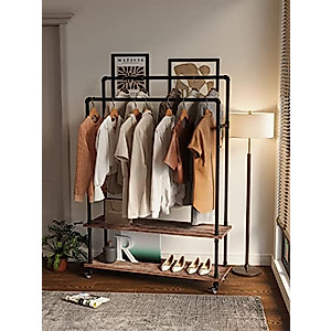 TEDIDUWA Industrial Pipe Clothing Rack,Industrial Clothing Rack with Shelf,Heavy Duty clothes rack on Wheels, Garment Rack Double Hanging Rods,For Bedroom, Lanudry room,Living room, Retail store