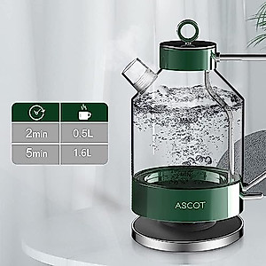 Electric Kettle, ASCOT Glass Electric Tea Kettle 1.6L 1500W Retro Tea Heater & Hot Water Boiler, No Plastic, BPA-Free, Cordless, with Auto Shut-Off and Boil-Dry Protection (Emerald Green)