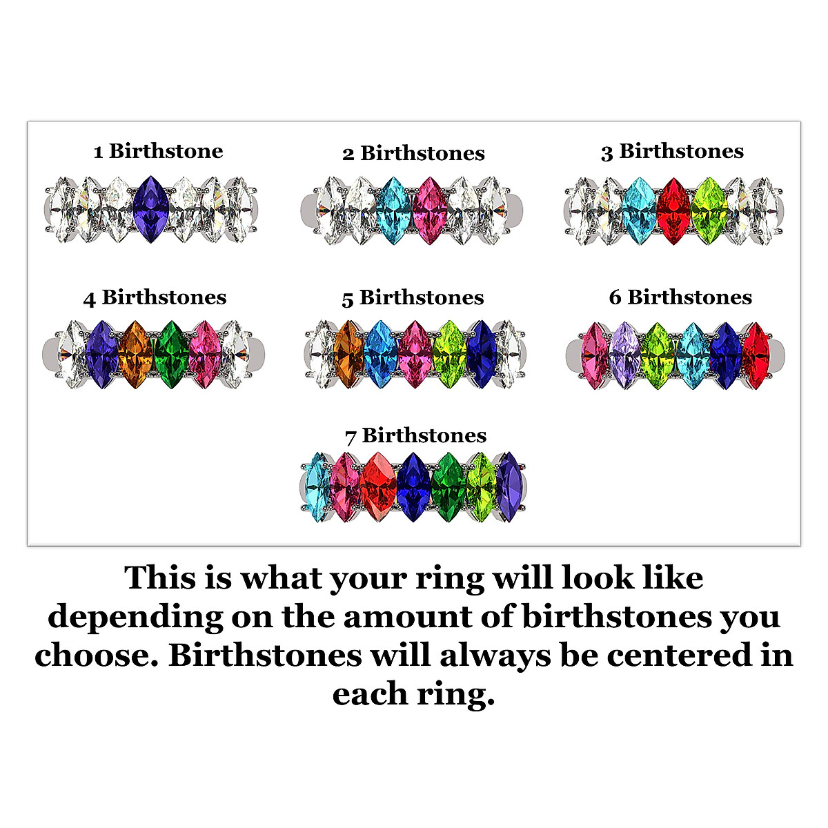 Central Diamond Center Marquise Cut Lucita Mothers Birthstone Ring w/ 1 to 7 Simulated Birthstones - Sterling Silver-Size 9