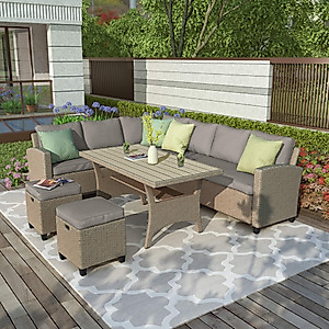 LZ LEISURE ZONE Patio Dining Table Set, Outdoor Furniture PE Rattan Wicker Conversation Set, All-Weather Sectional Sofa Set with Table & Soft Cushions (Beige Brown, 5 Piece)