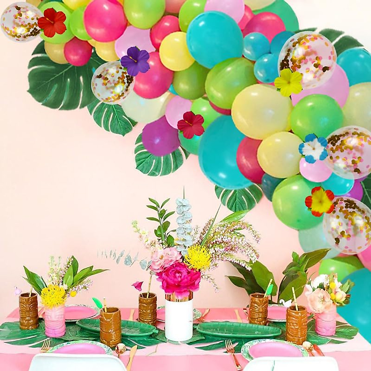 101 pcs Tropical Luau Balloons Arch Kit-Pink Green Yellow Blue Garland Kit with Palm Leaves for Tropical Hawaii Flamingo Moana Aloha Beach Themed Birthday Baby Shower Party Decoration Supplies