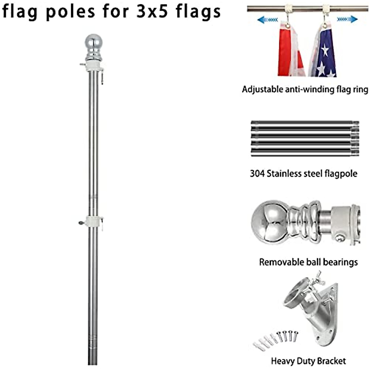 American flag with pole,Flag poles kit for 3 x 5 Flags Holder,Including 100% Polyester Flags, 6 FT stainless steel No Tangle Spinning Pole and 2-Position Flag Pole Bracket（American flag）