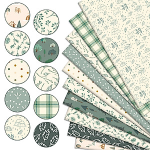 JarThenaAMCS 10Pcs Forest Cotton Fabric Bundles 18 x 22 Inch Green Plaid Tree House Leaf Fat Quarters Sewing Fabrics for DIY Craft Party Decor