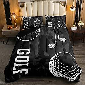 Erosebridal Golf Print Comforter Set Black Camo Bedding Sets King Kids Boys Teens Camouflage Comforter Sports Themed Bedding,Ball Gaming Duvet Golf Balls Quilt 3 Piece Soft Lightweight Down Comforter